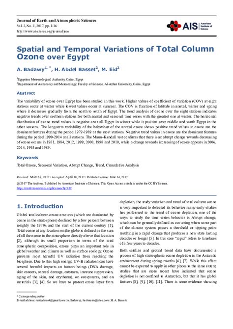 Pdf Spatial And Temporal Variations Of Total Column Ozone Over Egypt