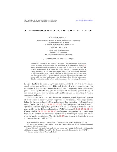 Pdf A Two Dimensional Multi Class Traffic Flow Model