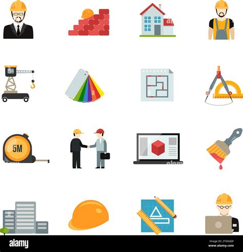 Architect Icons Flat Set With House Building Equipment Isolated Vector Illustration Stock Vector