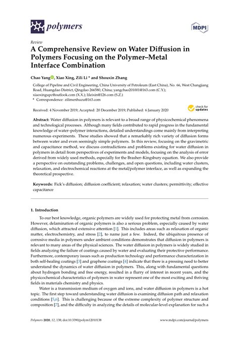 Pdf A Comprehensive Review On Water Diffusion In Polymers Focusing On The Polymer Metal