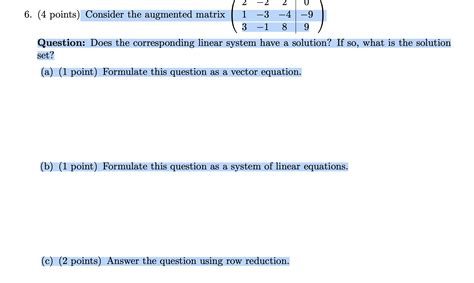 Solved Points Consider The Augmented Matrix Chegg