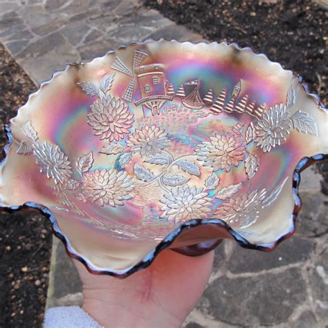 Antique Fenton Chrysanthemum Lavender Carnival Glass Footed Bowl Carnival Glass