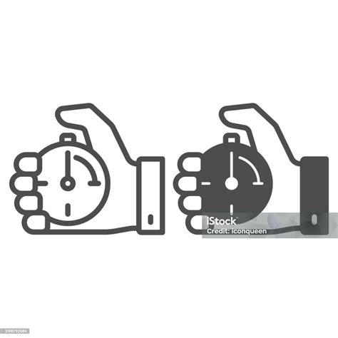 스톱워치 버튼은 온라인과 단색 아이콘을 켜고 타이머 똑딱 개념을 만듭니다 벡터 그래픽 흰색 배경에 손 기호에 시계 모바일 또는 웹 디자인을위한 윤곽선 스타일 아이콘 경영자에