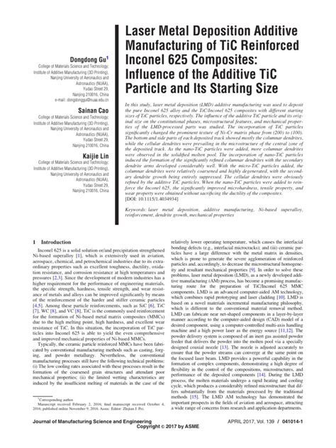 Laser Metal Deposition Additive Manufacturing Of Tic Reinforced Inconel 625 Composites