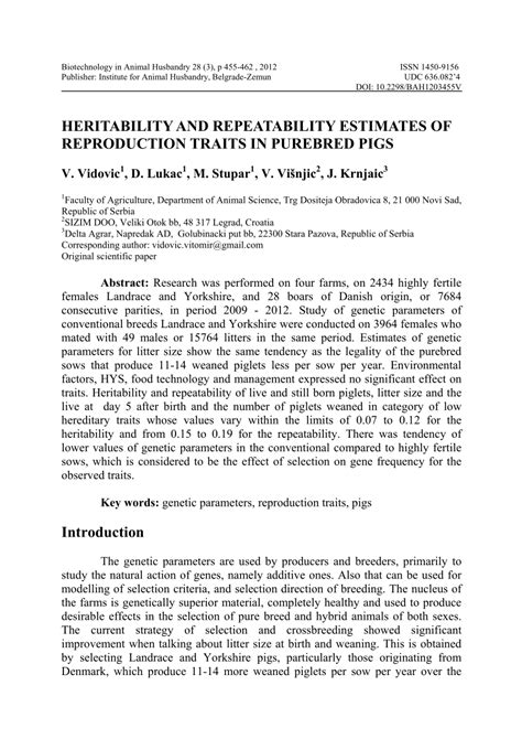Pdf Heritability And Repeatability Estimates Of Reproduction Traits