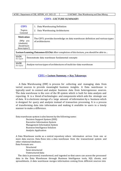 DWDM CDT LECTURE SUMMARY CDT LECTURE SUMMARY CDT Topics Covered Data Warehousing