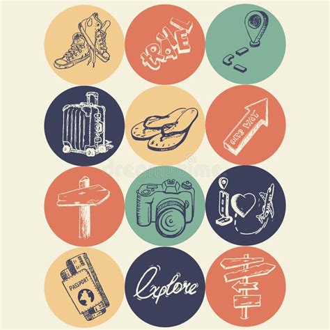 Retro Stickers With Symbols Of Travel Vacation Adventure Stock Vector