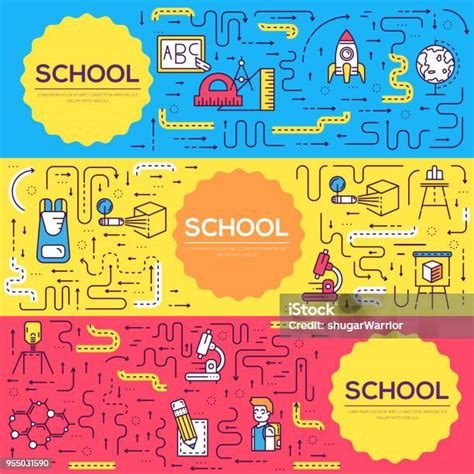 얇은 선 학교 클래스 안내 책자 카드 세트입니다 전단지 잡지 포스터 책 표지의 교실에서 학생 배너 개요 장비 초대 개념 가방에 대한 스톡 벡터 아트 및 기타 이미지 Istock