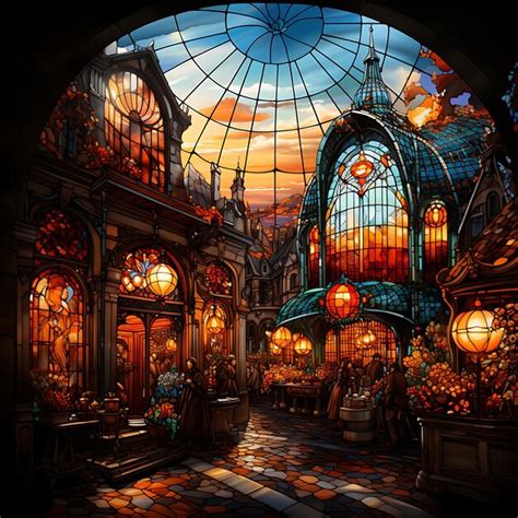 Premium Ai Image Urban Cityscape Stained Glass Window Effect