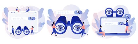 검색 창 온라인 정보를 탐색하고 쌍안경과 돋보기로 인터넷을 서핑하는 사람들 Seo 개념입니다 현대 평면 만화 스타일입니다 흰색 배경에 벡터 그림 벡터에 대한 스톡 벡터 아트
