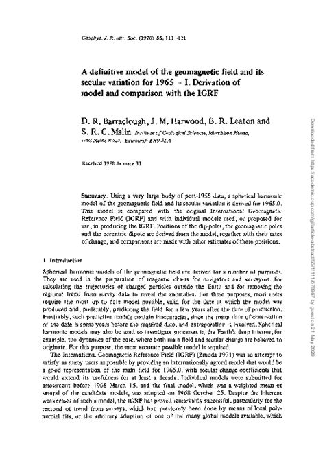 Pdf A Definitive Model Of The Geomagnetic Field And Its Secular Variation For 1965 I