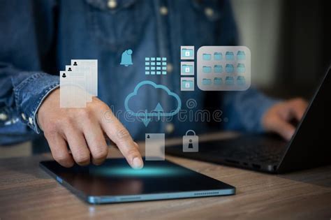Business Man Work With Laptop Seek Data Input And Output From Cloud