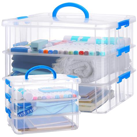 6 Pack 2 Sizes 3 Tier Plastic Storage Containers With Lids Handled Art