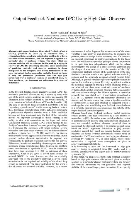 Pdf Output Feedback Nonlinear Gpc Using High Gain Observer