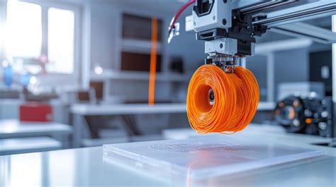 Modern Workspace With 3d Printer Creating A Complex Object With Vibrant Filament Premium Ai