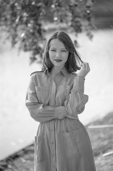 Beautiful Girl Black And White Photo Girl On Nature Stock Image