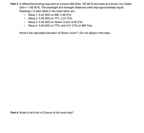 solved part 3 a differential leveling loop start at a known