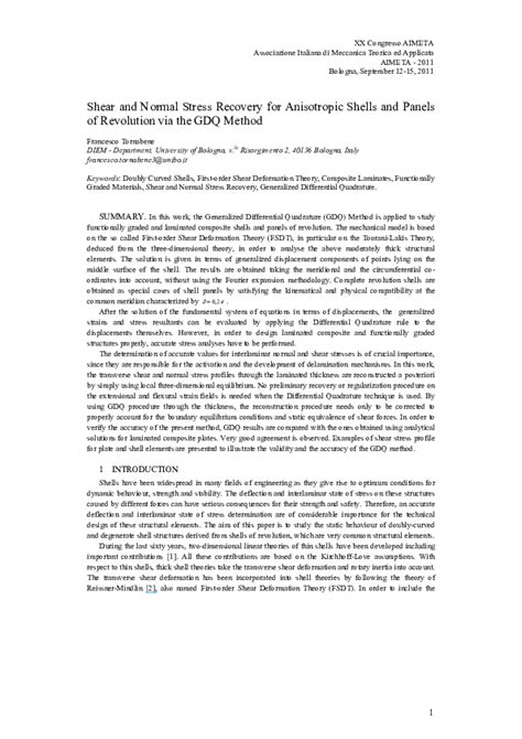 Pdf Shear And Normal Stress Recovery For Anisotropic Shells And Panels Of Revolution Via The