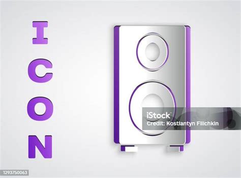 회색 배경에 격리 된 종이 절단 스테레오 스피커 아이콘 사운드 시스템 스피커 음악 아이콘입니다 음악 기둥 스피커베이스 장비 종이 아트 스타일 벡터 3차원 형태에 대한 스톡