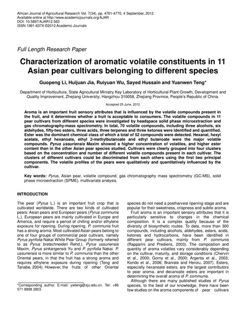 Pdf Characterization Of Aromatic Volatile Constituents In 11 Asian Pear Cultivars Belonging To