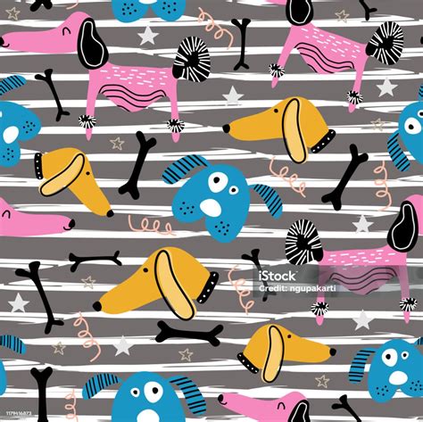 아이 패션 섬유 인쇄를위한 귀여운 일러스트 벡터를 그리는 아기 개 원활한 패턴의 재미있는 캐릭터 0명에 대한 스톡 벡터 아트 및