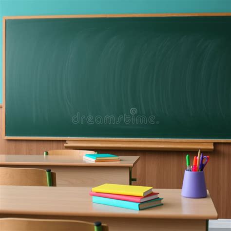 School Classroom With School Desks And Blackboard Stock Illustration