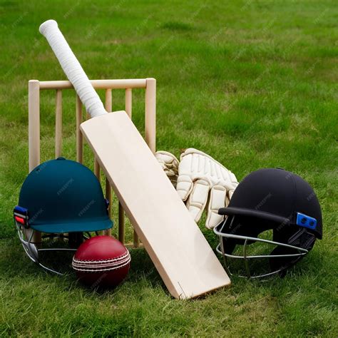 Cricket Gear Bat Ball Helmet And Gloves On Grass Against Green