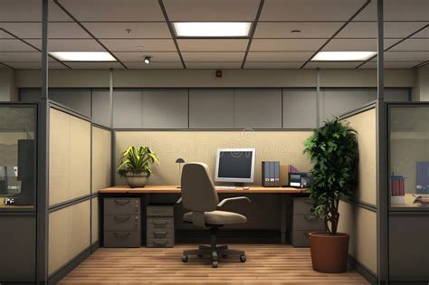 Modern Office Workspace Design Cubicle Setup With Computer Desk And Plants Enhancing