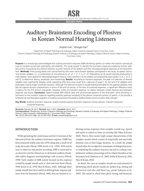 Pdf Auditory Brainstem Encoding Of Plosives In Korean Normal Hearing
