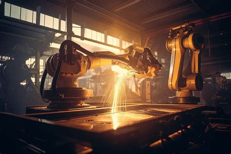 Robotic Arms Working At The Futuristic Factory Industrial Welding Robots Stock Illustration