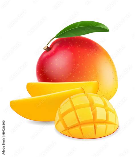 Fruit Mango With Mango Slice Realistic Illustration Stock Vector