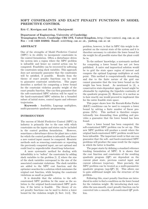 Pdf Soft Constraints And Exact Penalty Functions In Model Predictive Control