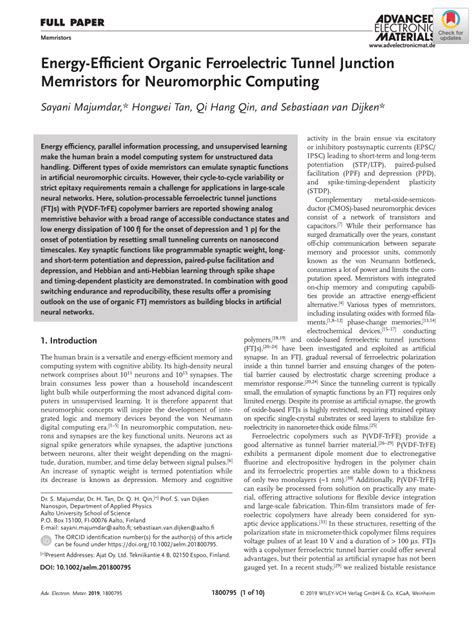 Pdf Energy‐efficient Organic Ferroelectric Tunnel Junction Memristors For Neuromorphic Computing
