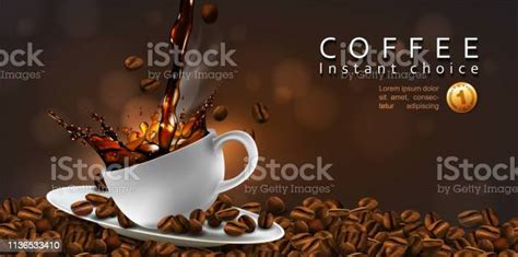 스플래시 효과 커피 콩 투명 한 배경으로 커피 한잔 3d 벡터입니다 높은 상세한 현실적인 그림 커피 마실 것에 대한 스톡 벡터