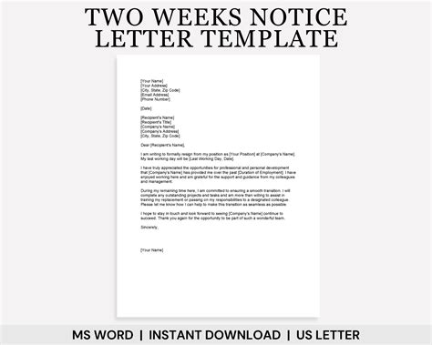 2 Week Letter Of Resignation Resignation Letter Template Notice