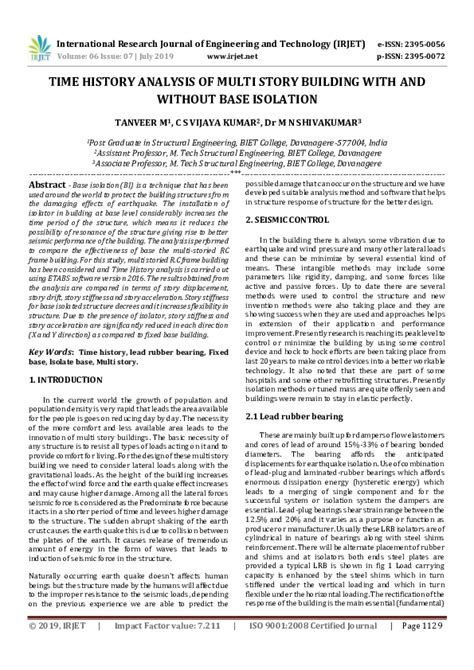 Pdf Irjet Time History Analysis Of Multi Story Building With And Without Base Isolation