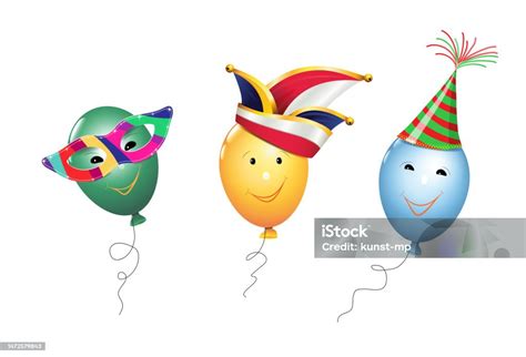 행복한 얼굴의 풍선 마스크 안경과 모자 카니발 및 기타 파티 및 축하를위한 카드 템플릿 흰색 배경에 격리된 벡터 그림 광대 모자에 대한 스톡 벡터 아트 및 기타 이미지