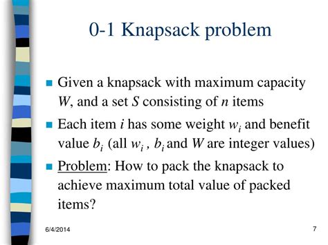 Ppt Cs 332 Algorithms Dynamic Programming 0 1 Knapsack Problem