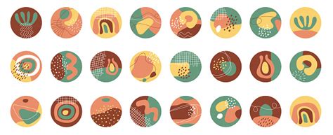 소셜 미디어 스토리를 위한 둥근 아이콘의 큰 세트 강조 표시를위한 벡터 커버 추상적 인 반점 점 유기적 인 모양의 선이있는 배경 갈색 노란색 회색 색상 손으로 그린