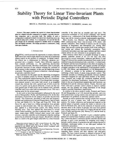 B Francis 1998 Stability Theory For Linear Time Invariant Plants With