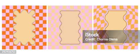 체크 무늬 배경에 물결 모양의 테두리가 있는 그루비한 프레임 사각형 Y2k 가리비 모양 사각형 사이키델릭 패턴 및 텍스트 상자 귀여운 90 년대 디자인 펑키 트렌디 한