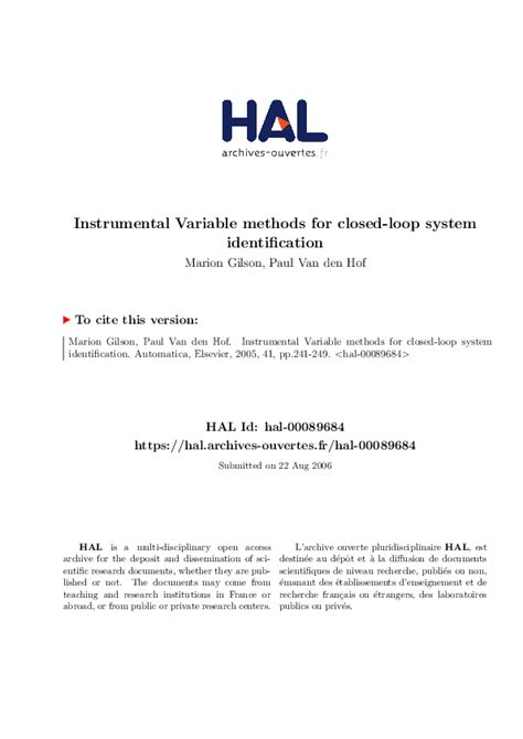 Pdf Instrumental Variable Methods For Closed Loop Continuous Time