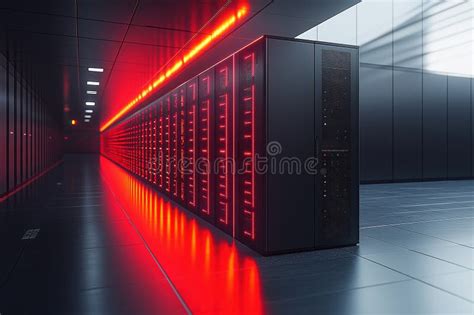 High Tech Data Center Featuring Advanced Servers With Dramatic Red Lighting Effects Stock