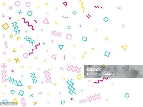 삼각형 원 정사각형 지그재그 및 물결 모양의 선이있는 스타일 기하학적 색종이 배경 기하 도형에 대한 스톡 벡터 아트 및 기타 이미지 기하 도형 날기 노랑 Istock