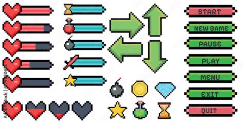 Pixel Game Menu Resources Level Live Bars And Buttons Game Interface Pixelated Life Bar And