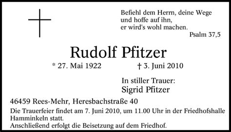 Traueranzeigen Von Rudolf Pfitzer Trauer In Nrw De