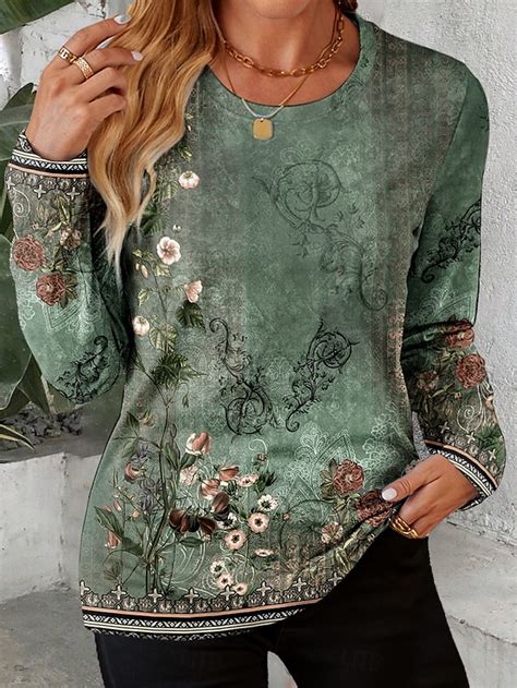 Womens T Shirt Long Sleeve Crew Neck Long Sleeve Tunic Ombre Floral