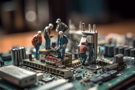 Little Workers Repairing Motherboard Cpu Repair Technology Concept Stock Illustration