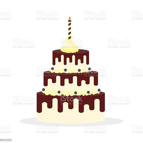 맛 있는 케이크와 생일 결혼식 기념일 및 기타 행사에 대 한 촛불 초콜릿 크림 평면 디자인 흰색 배경에 고립의 벡터 일러스트