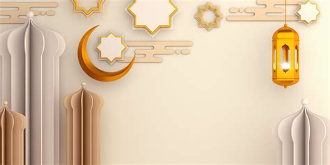 흰색 베이지 색 배경에 아랍어 모스크 종이 컷 별 장식품 랜턴 초승달 이슬람 축 하 의 날 라마단 카림 또는 이드 알 피터 아드하 복사 공간 텍스트 3d 일러스트의 디자인